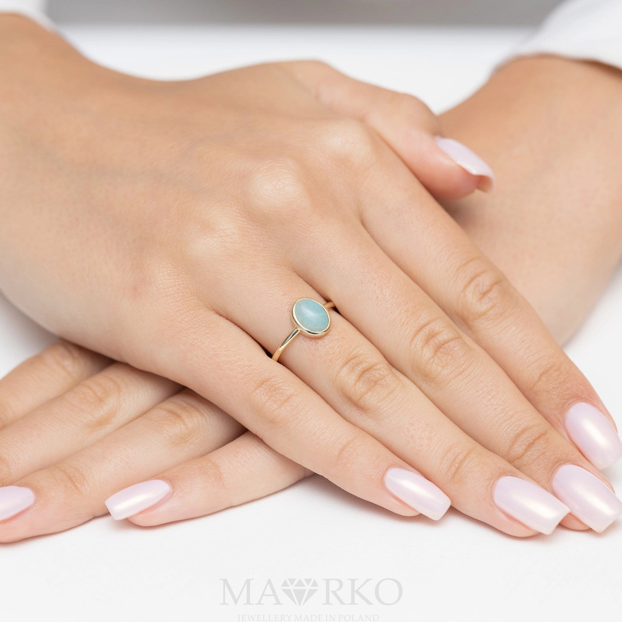 Pozłacany pierścionek z amazonitem owalny turkusowy morski kamień Kleur - JP084-925-TZ